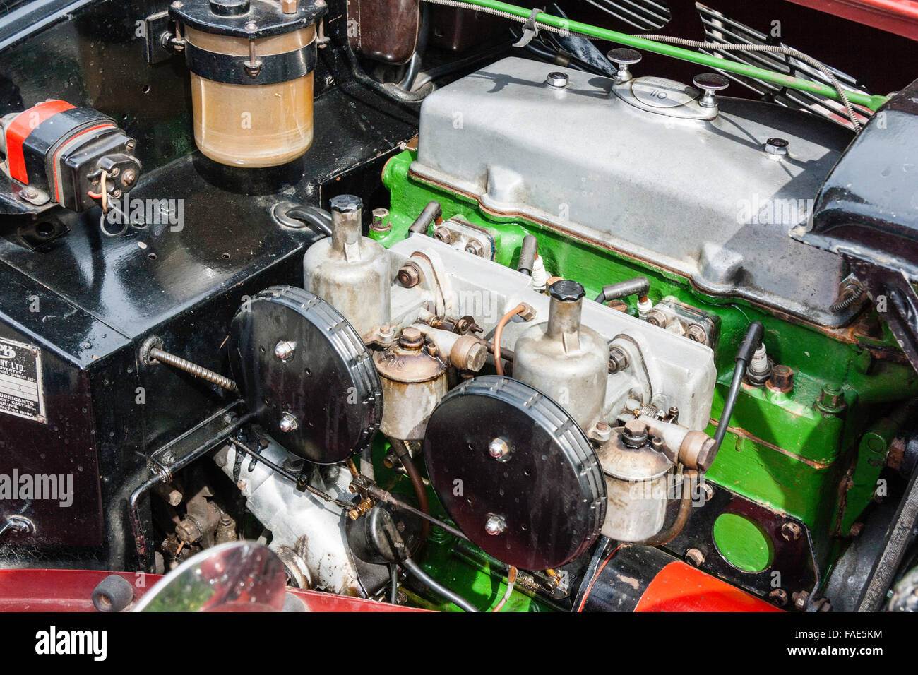 Close up of clean car engine. Triumph Dolomite auto engine in green ...