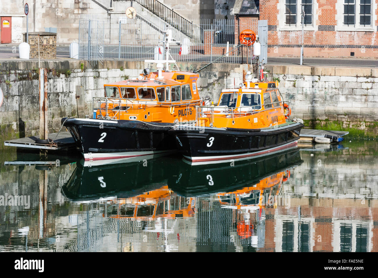 Two British pilot boats moored side by side in Ramsgate harbour ...