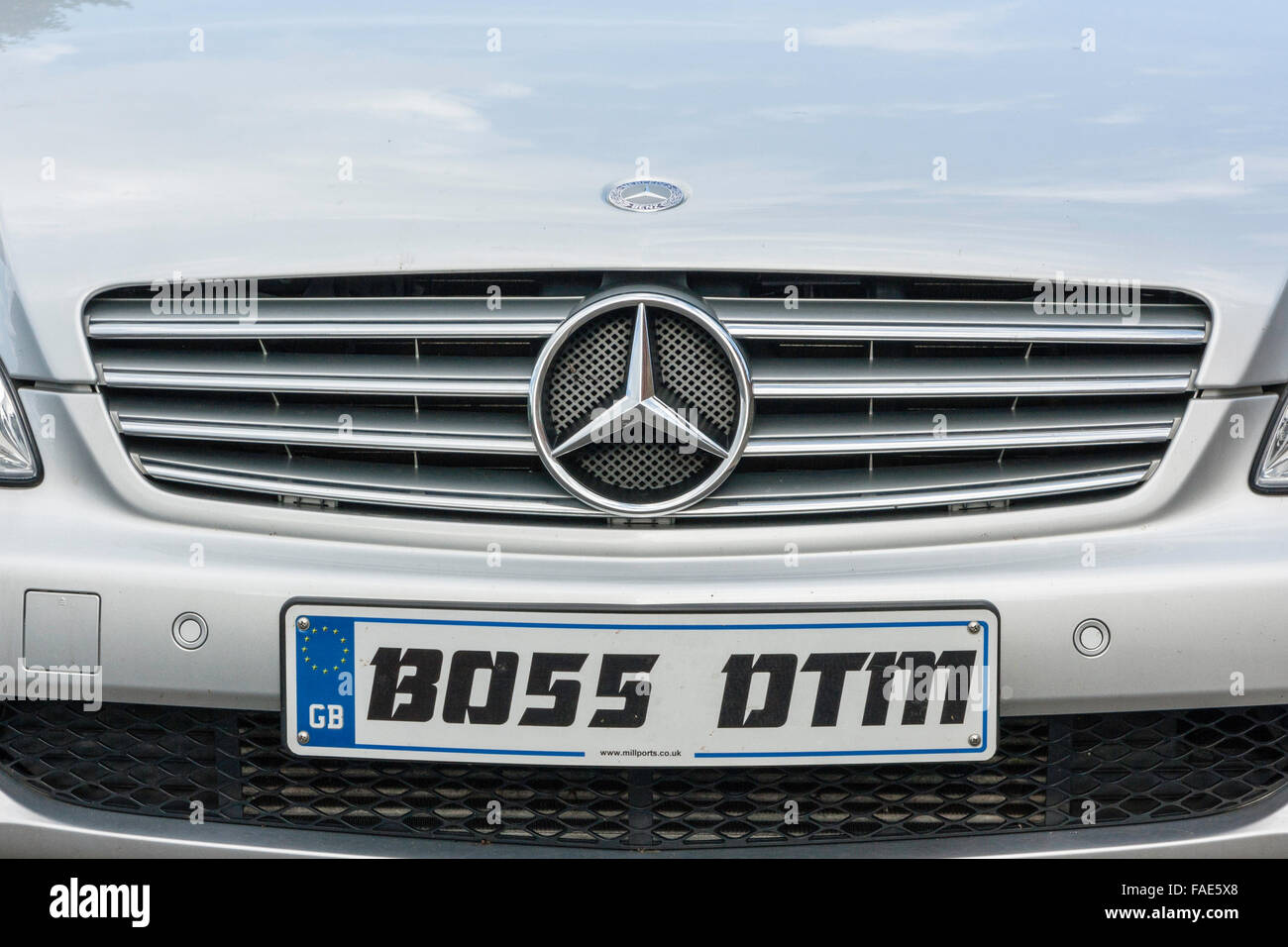 English car registration plate, BO55 DTM with Mercedes logo badge and ...
