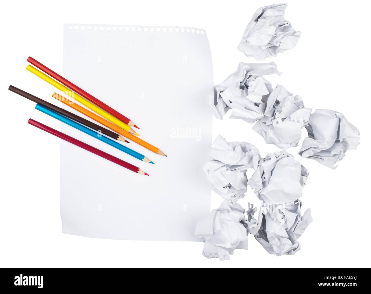 Paper with crayons and crumpled paper balls Stock Photo - Alamy