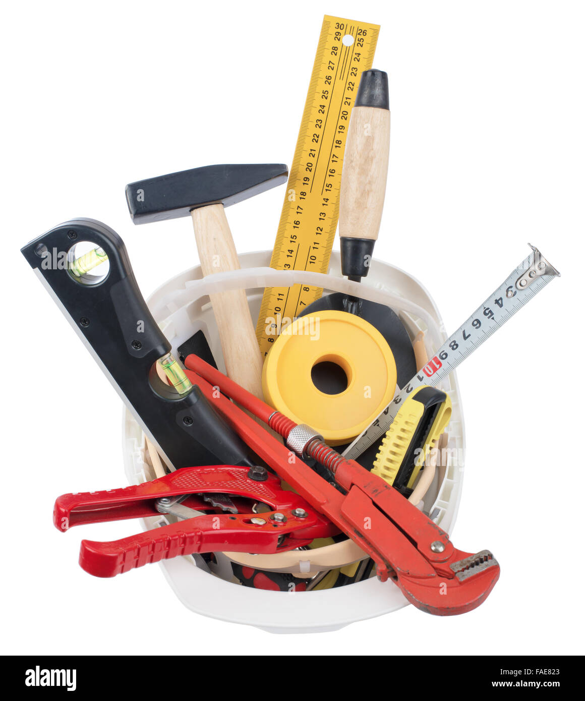 Construction worker supplies including hard hat Stock Photo - Alamy