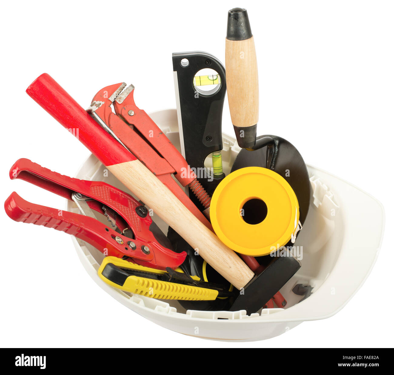 Construction worker supplies including hard hat Stock Photo - Alamy