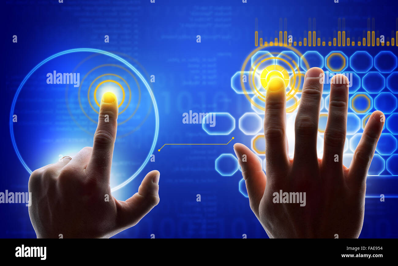 Hand pressing blue virtual button Stock Photo - Alamy