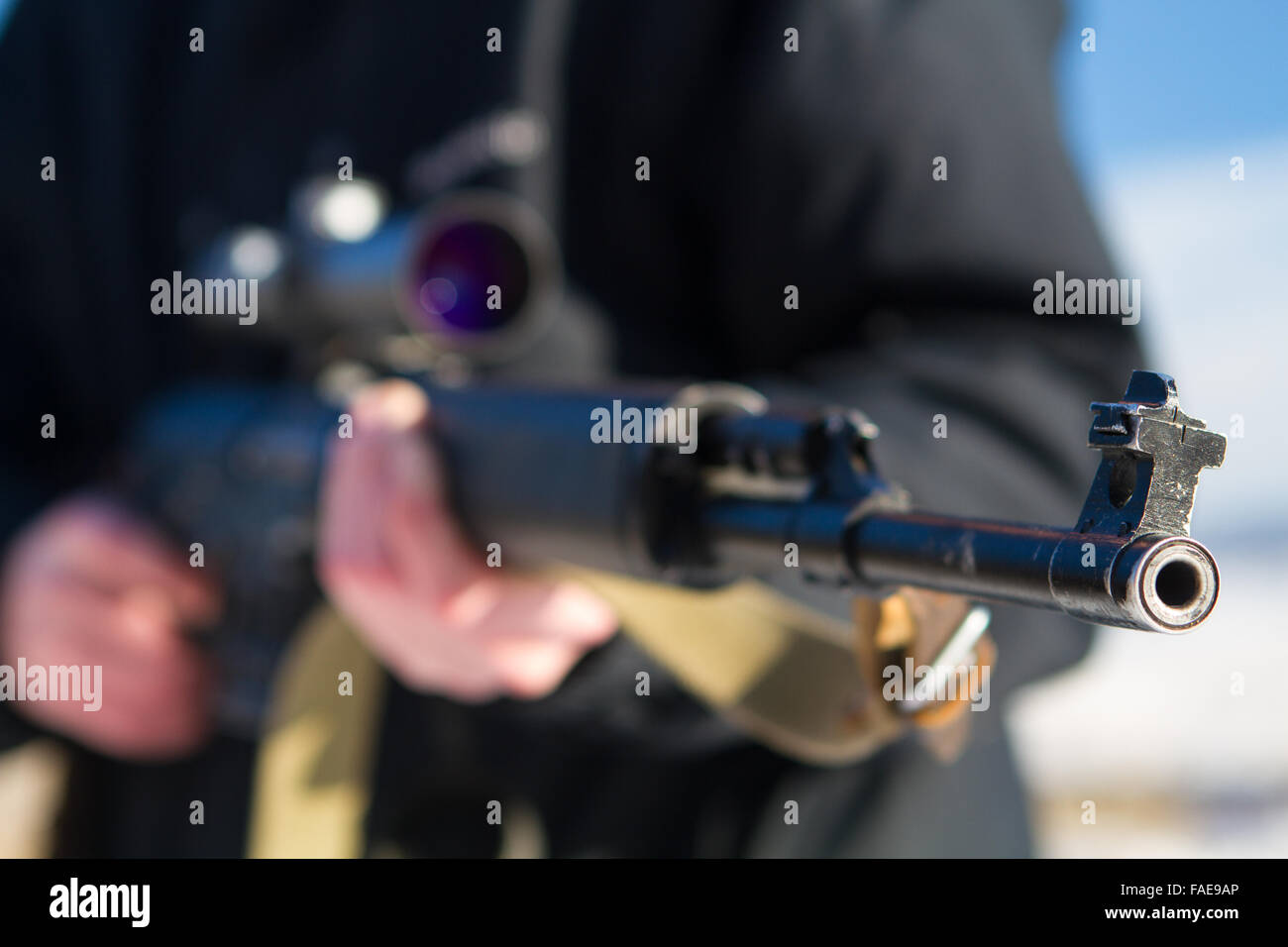 soldier or sniper holding gun with virtual screen projection and aiming ...