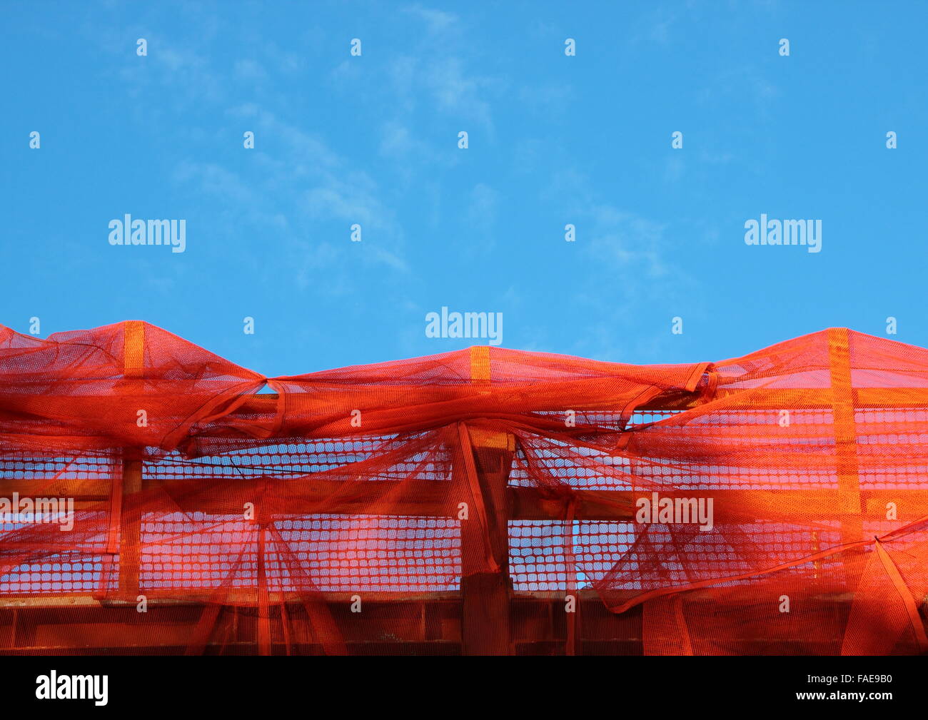 Red Construction Barrier on Wooden Planks and Empty Blue Sky Stock ...