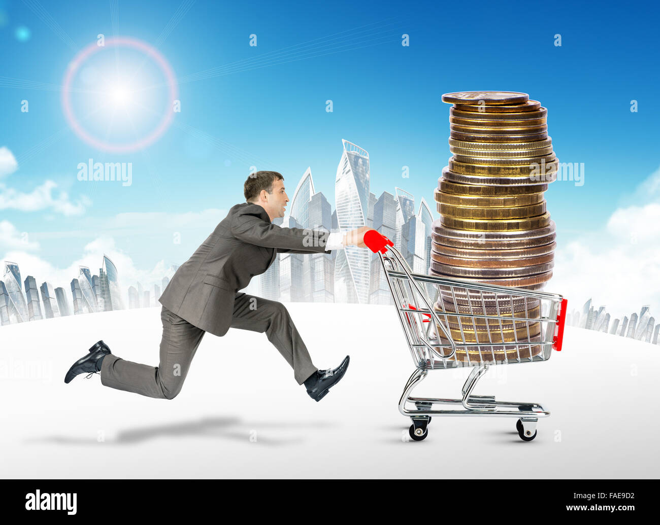 Running businessman with shopping cart Stock Photo - Alamy