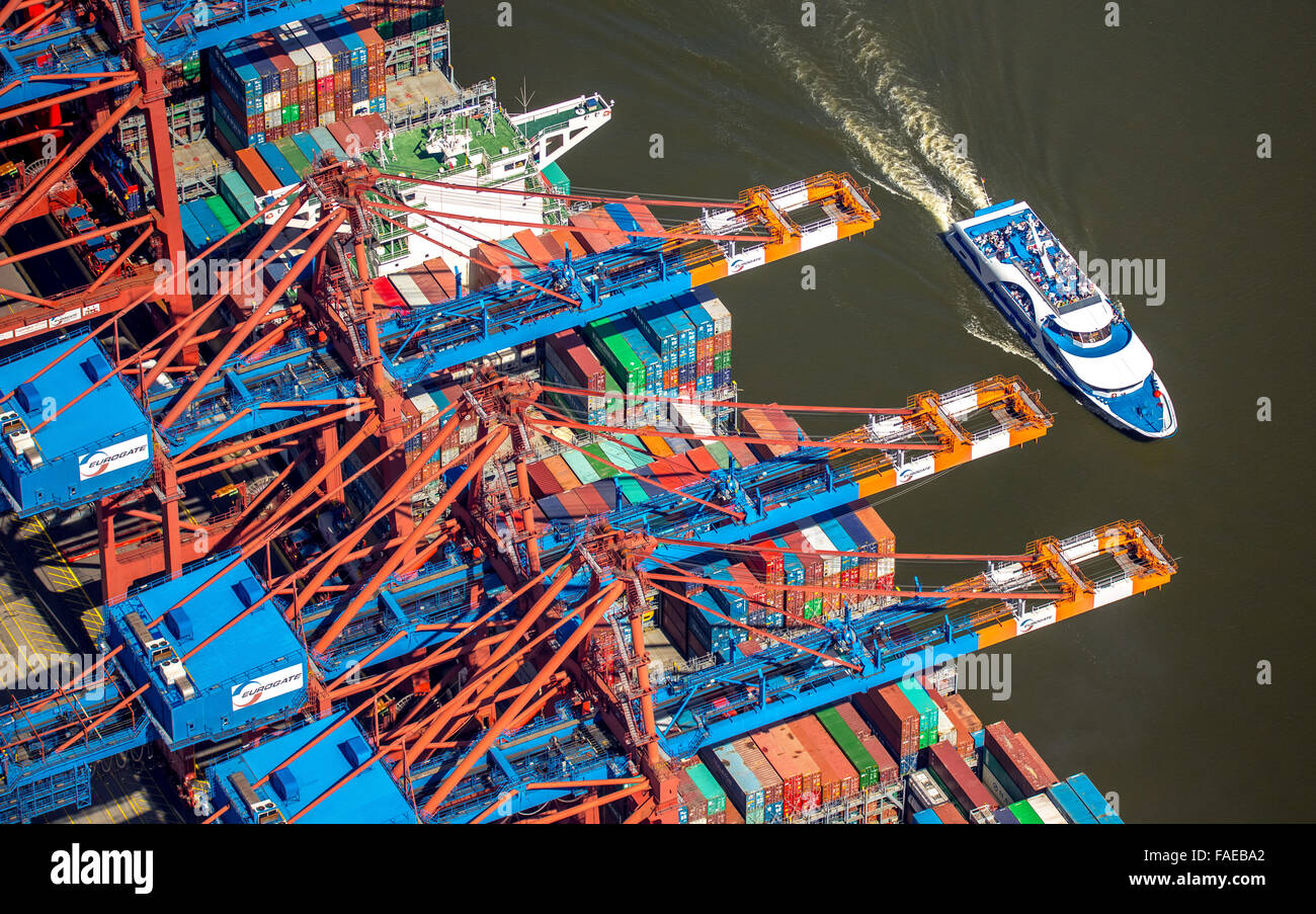 Aerial view, harbor cruise excursion boat, container loading, container ...