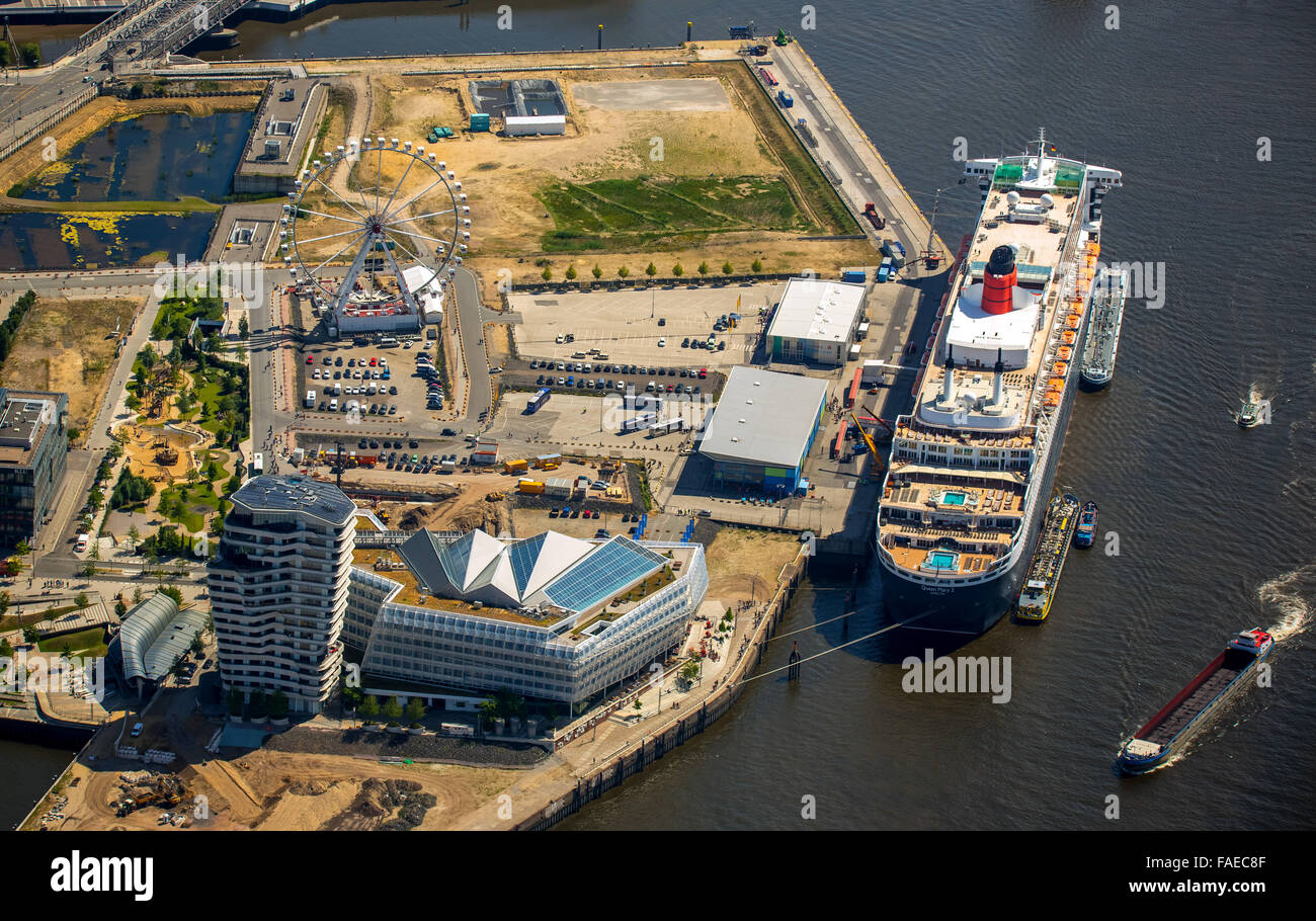 Aerial view, cruise terminal, Unilever-Haus cruise ship Queen Mary 2 ...