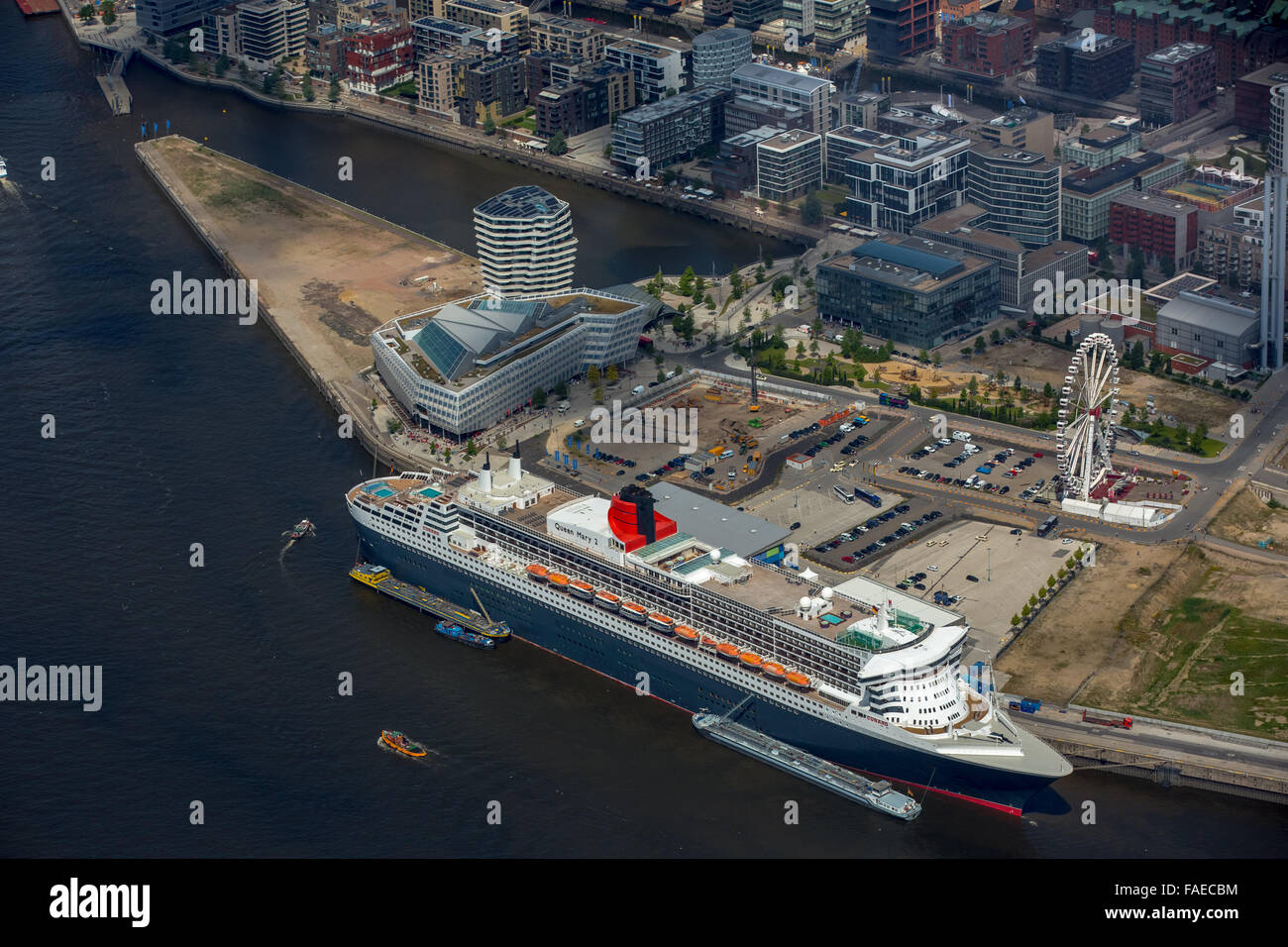 Aerial view, cruise terminal, Unilever House, cruise ship, Queen Mary 2 ...
