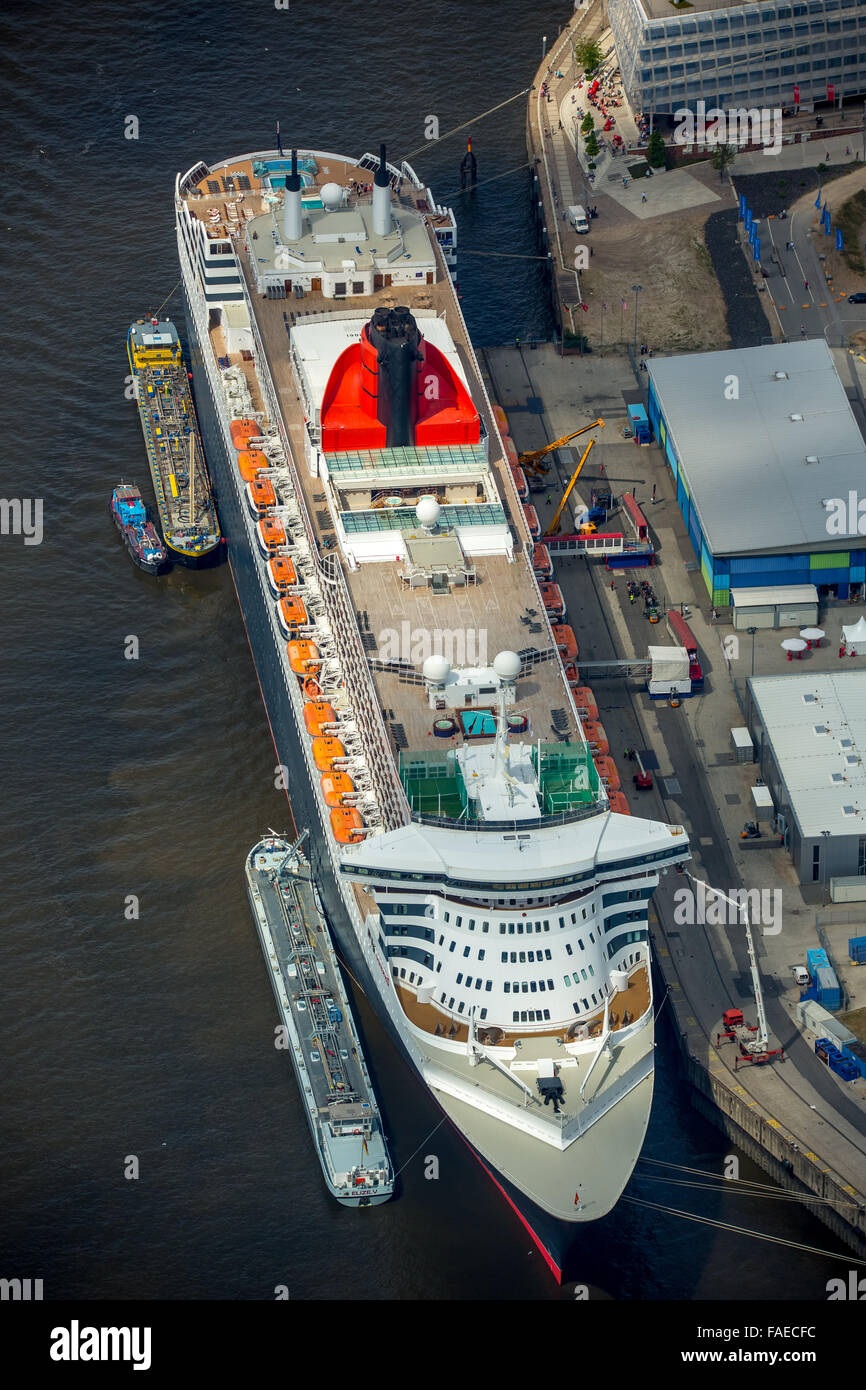 Aerial view, cruise terminal, Unilever House Cruise ship Queen Mary 2 ...