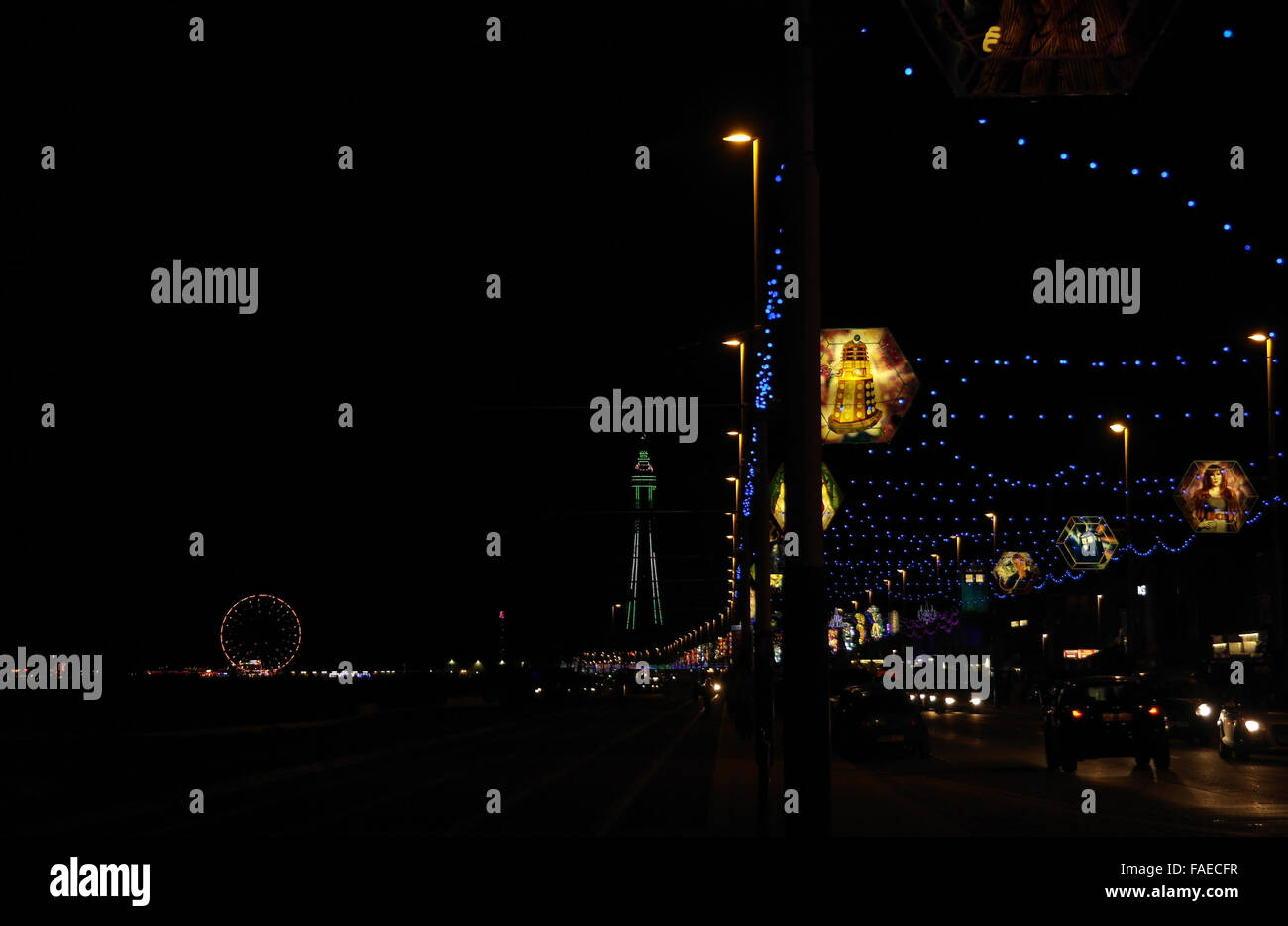 Night view along walkway by the Central Promenade with traffic, Dr Who ...