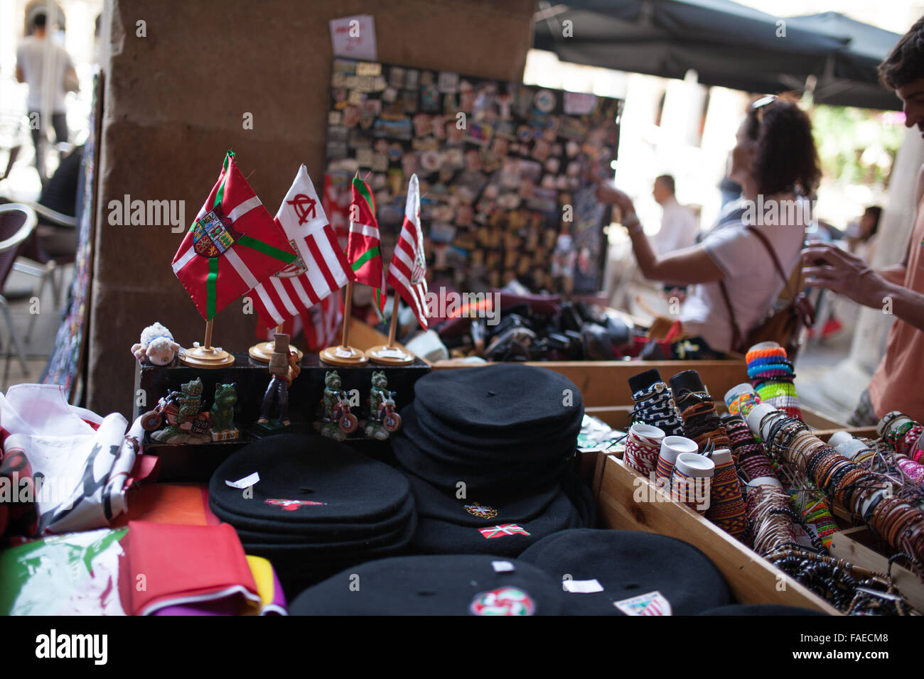 Basque items for sale in the market at Plaza Nueva, Bilbao Stock Photo ...