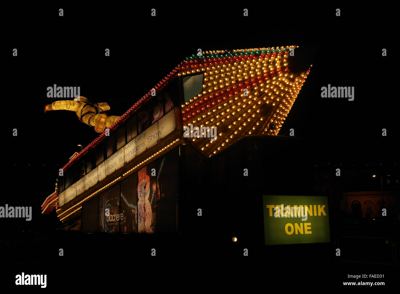 Nose to tail night view 'Tramnik One' illuminated Rocket Tram, Gynn ...