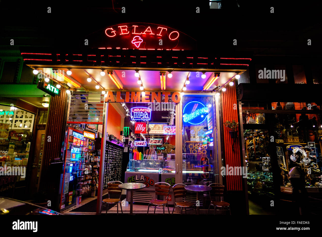 SAN FRANCISCO, CA - DECEMBER 10, 2015: Deli storefront with signs for ...