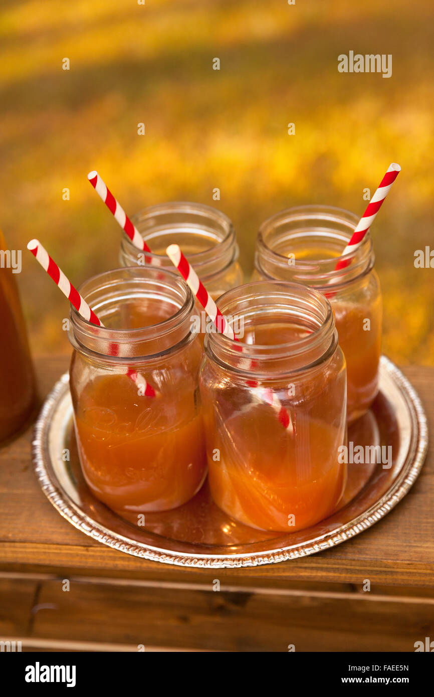 Four jars of apple cider with stylish striped straws sit outside ...