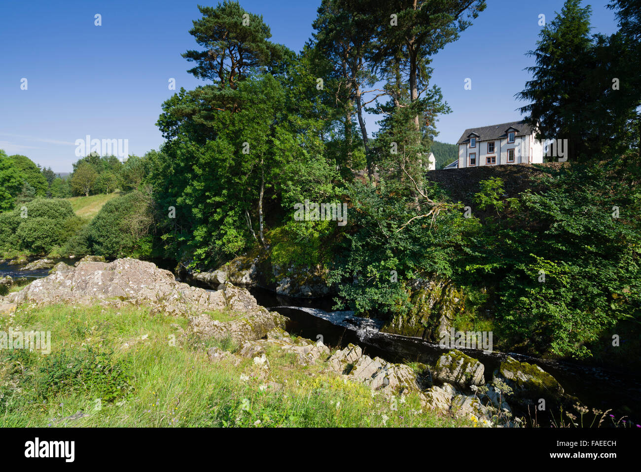Waterfalls under the bridge at Talla, Tweeddale, Scottish Borders, with ...