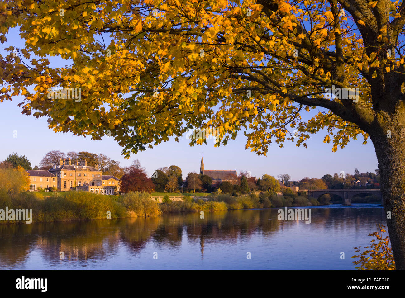 Autumn season in Kelso, Scotland - Ednam House Hotel and the town seen ...