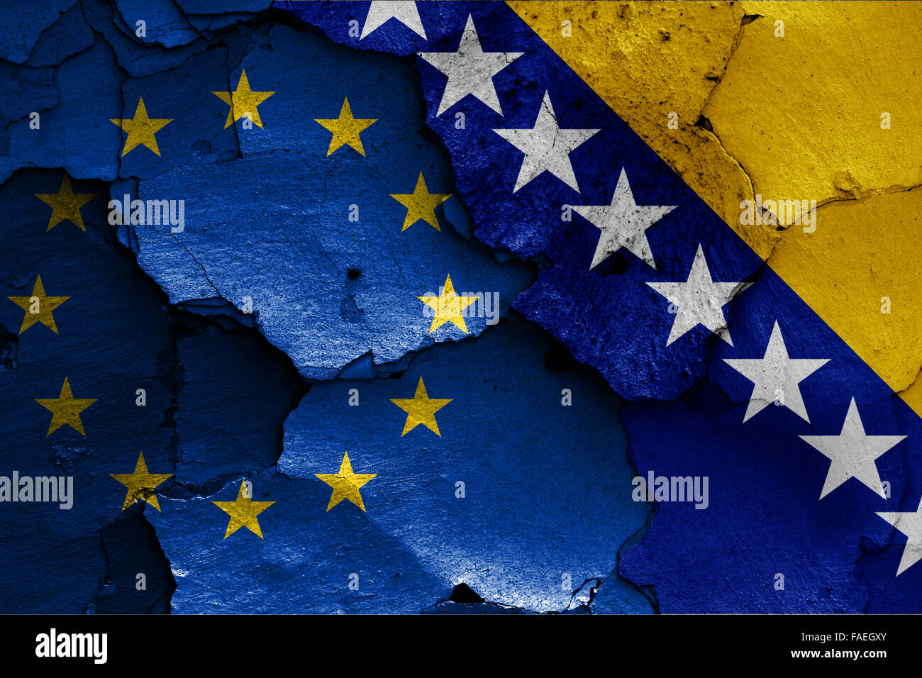 flags of EU and Bosnia and Herzegovina painted on cracked wall Stock ...