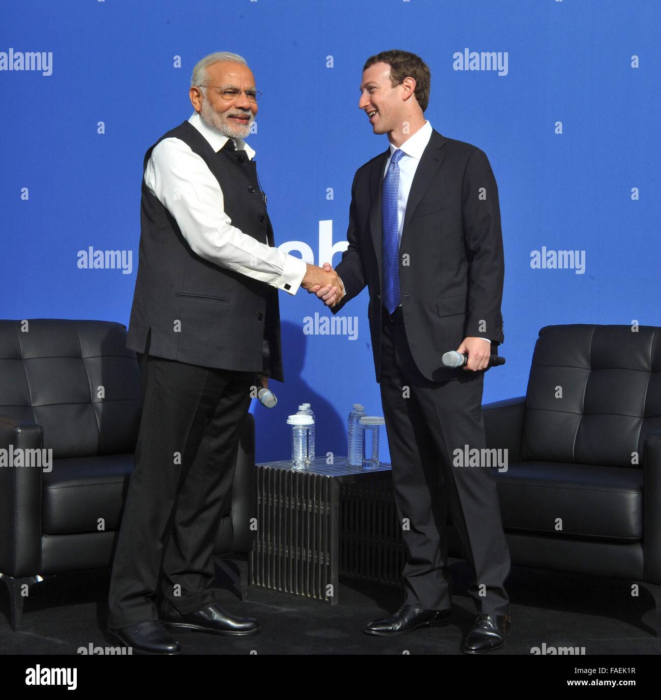 Indian Prime Minister Narendra Modi is welcomed by Facebook CEO Mark ...