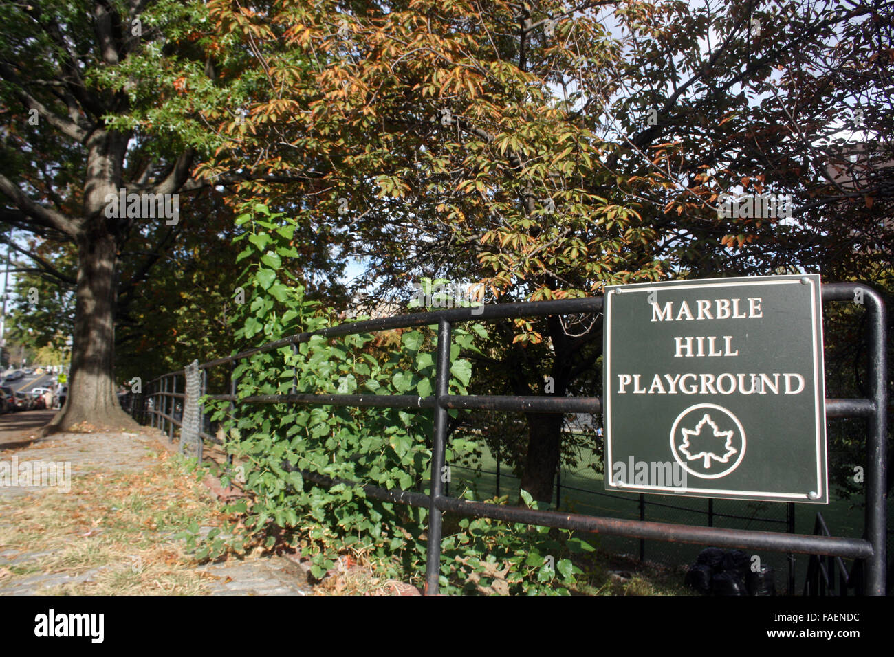 New York, USA. 25th Oct, 2015. A sign reads "Marble Hill Playground" in ...