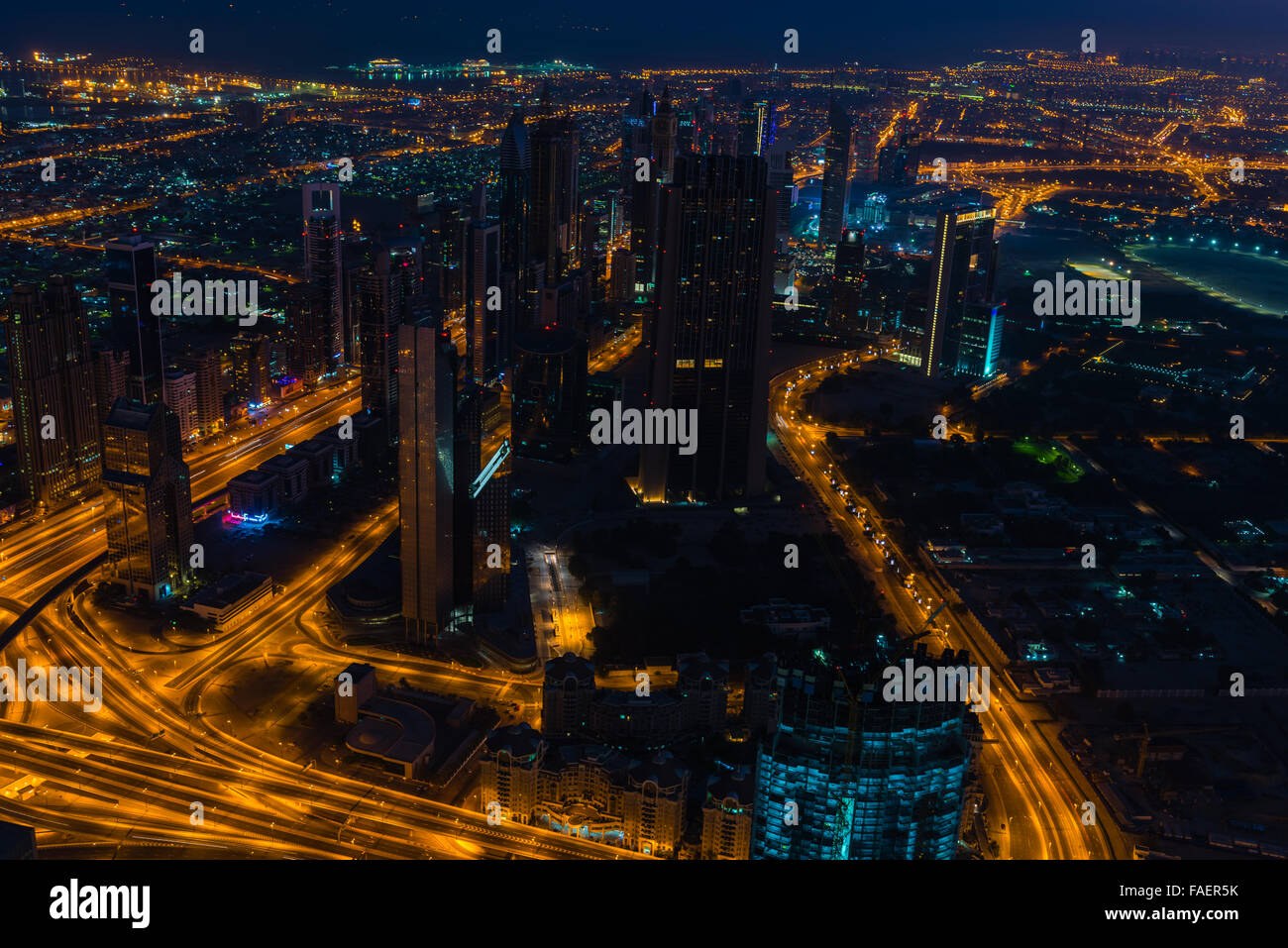 Dubai downtown night scene with city lights. Top view from above Stock ...