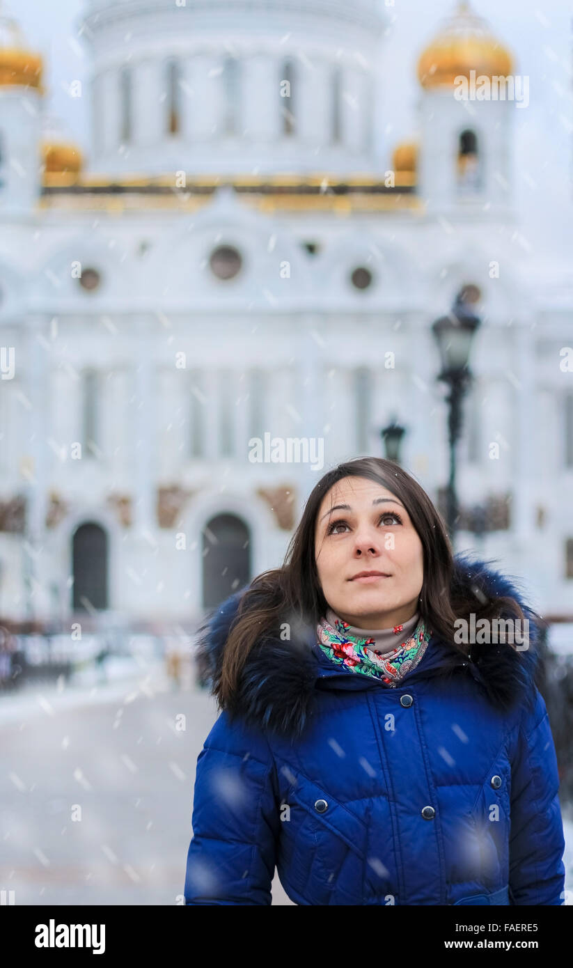 Girl on the background of Cathedral of Christ the Savior Stock Photo ...