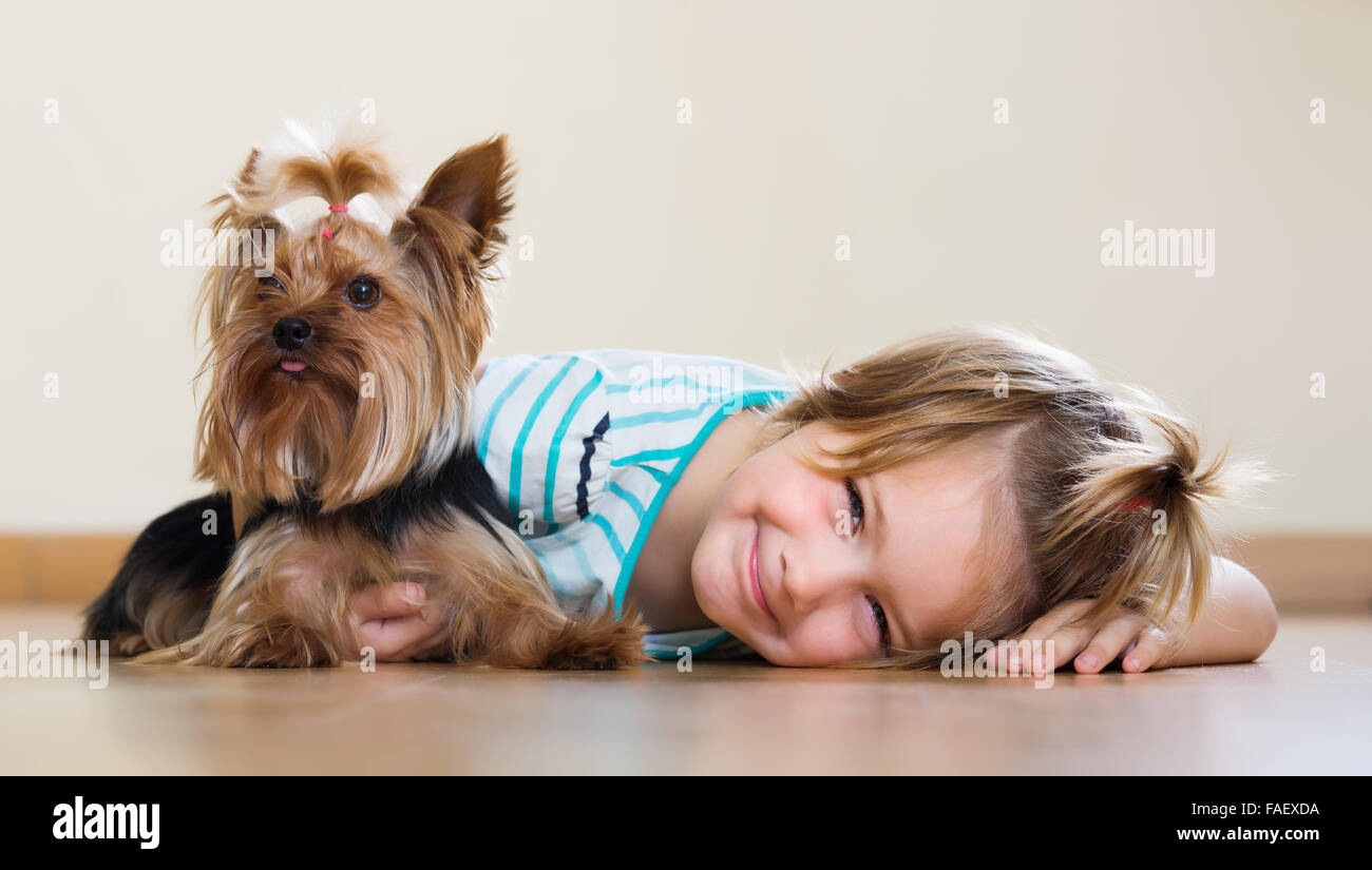 Cute child playing with charming Yorkie at home Stock Photo - Alamy