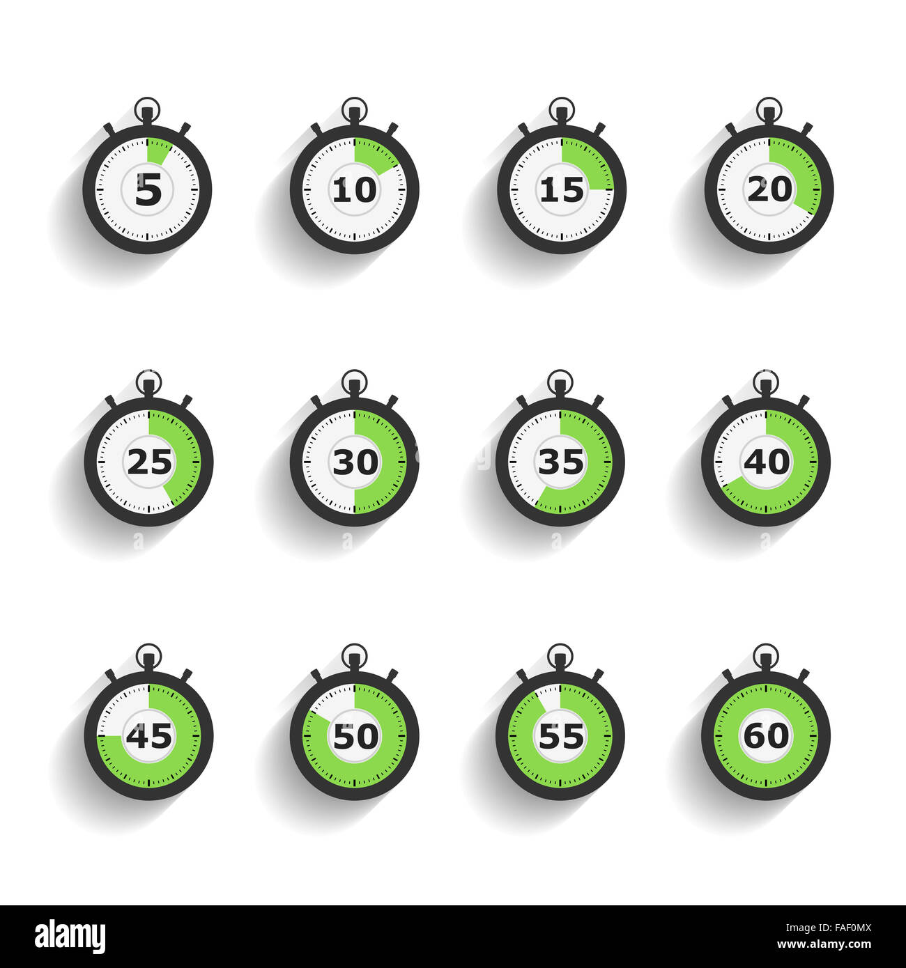 Stopwatch icons set with diagonal shadows, flat design Stock Photo - Alamy