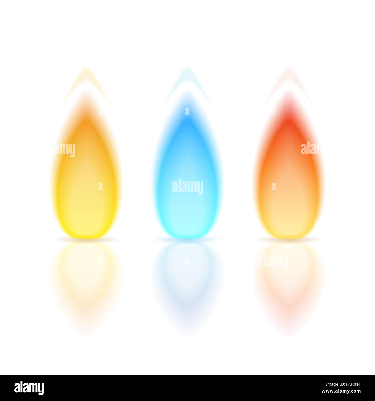 Flame of different colors with reflection on white ...