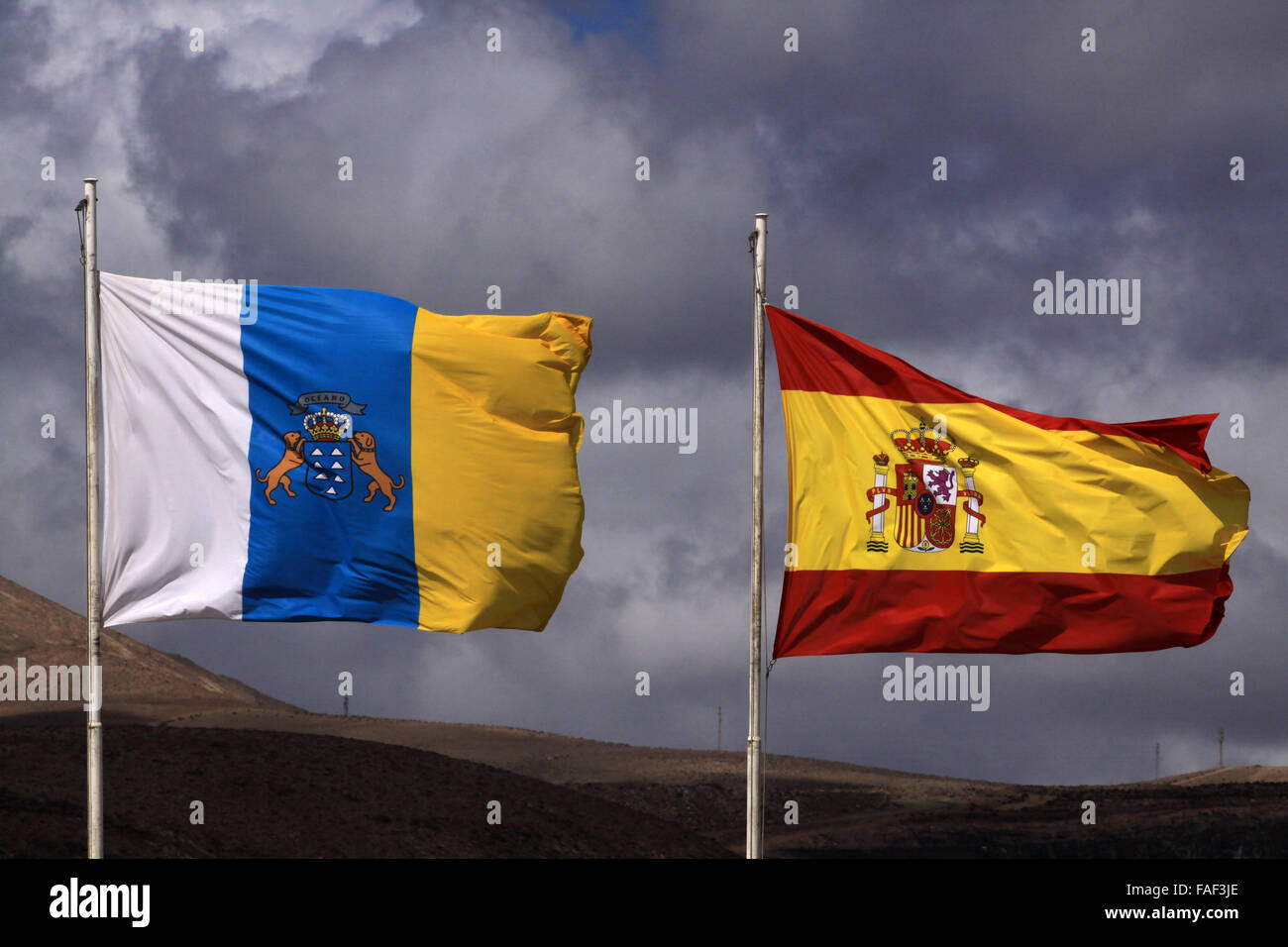 Spains national flag (R) on the Arrecife Airport on the Canary Island Lanzarote, Spain, 10 ...
