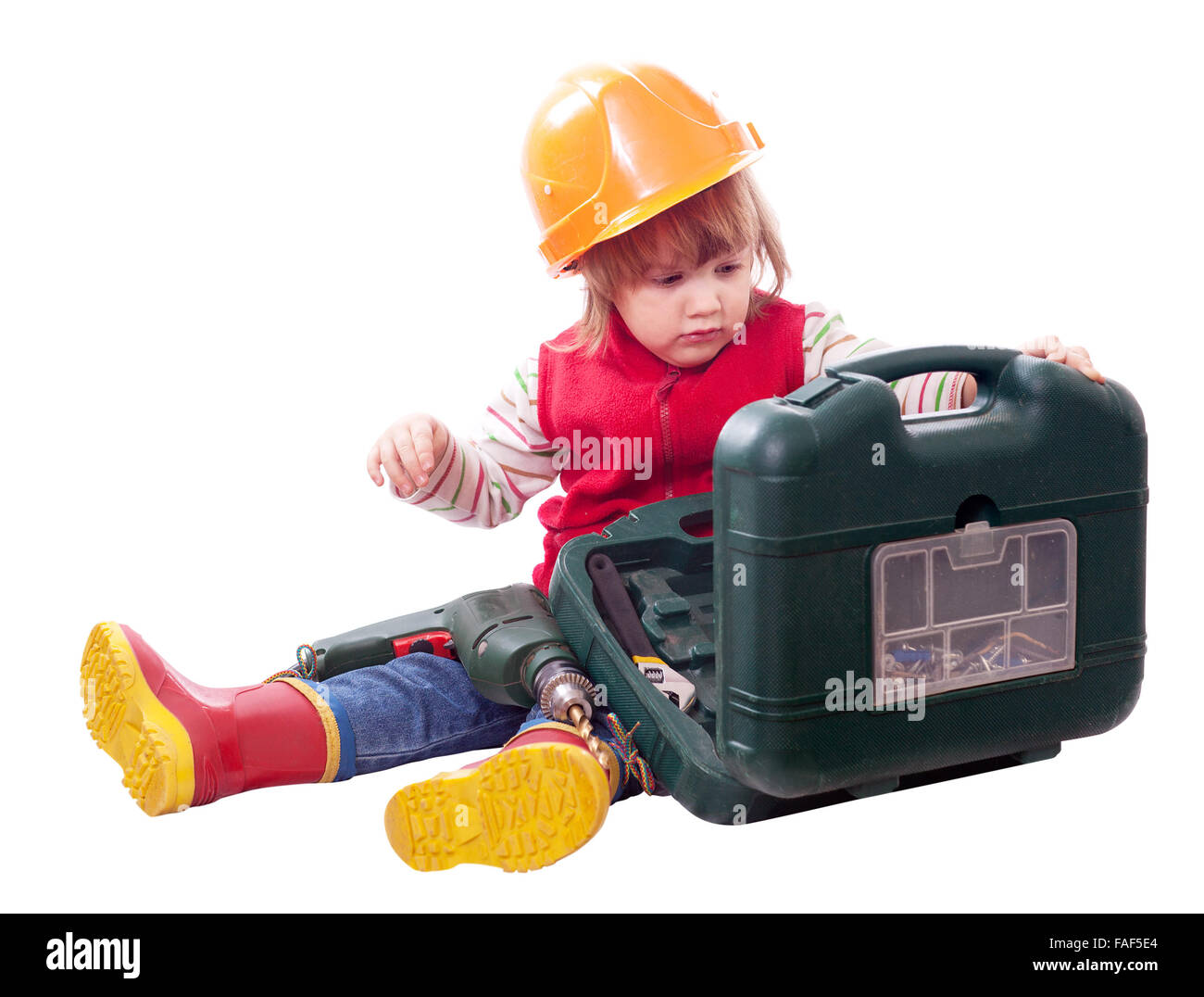 baby with drill and toolbox. Isolated over white background Stock Photo ...
