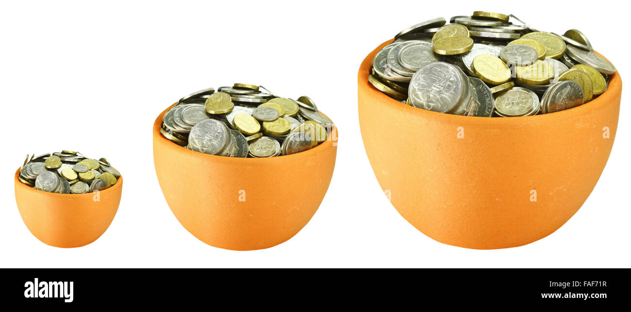 three pots of coins on a white background Stock Photo - Alamy