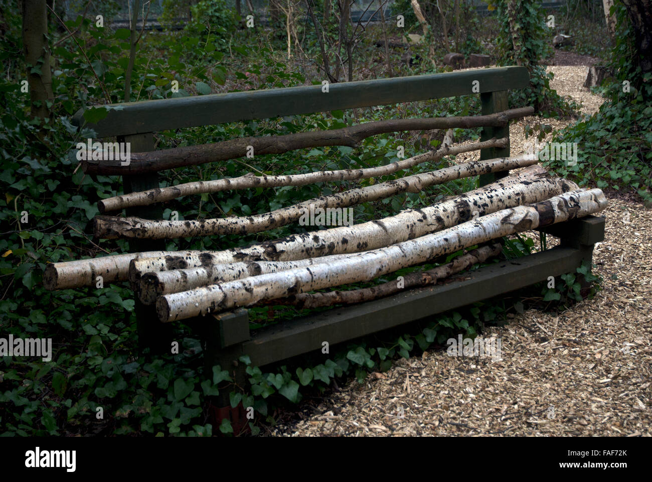 Bench made of silver birch tree branches Gunnersbury Triangle Nature ...