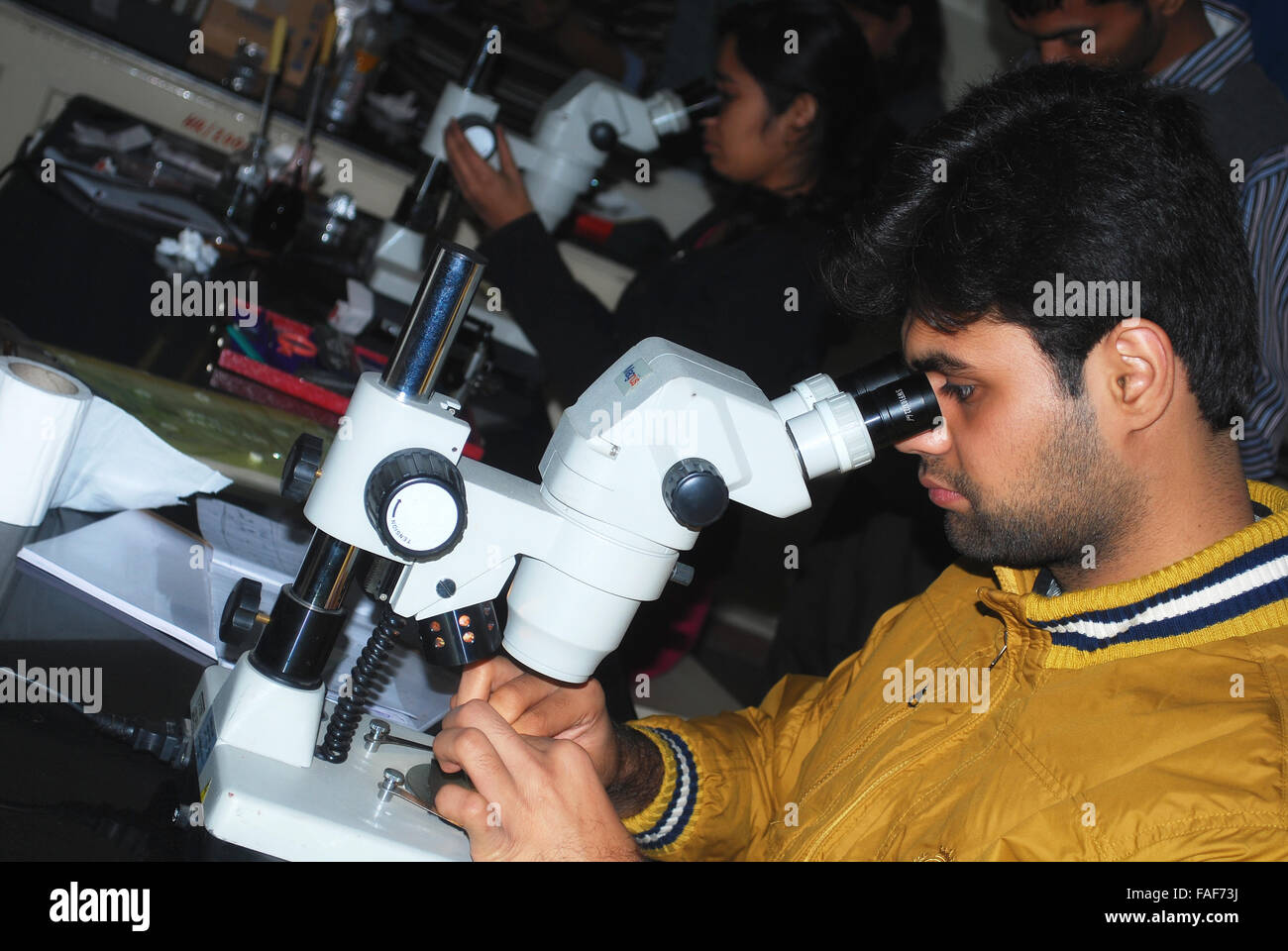 Student working in Biology Lab with Microscope Stock Photo - Alamy