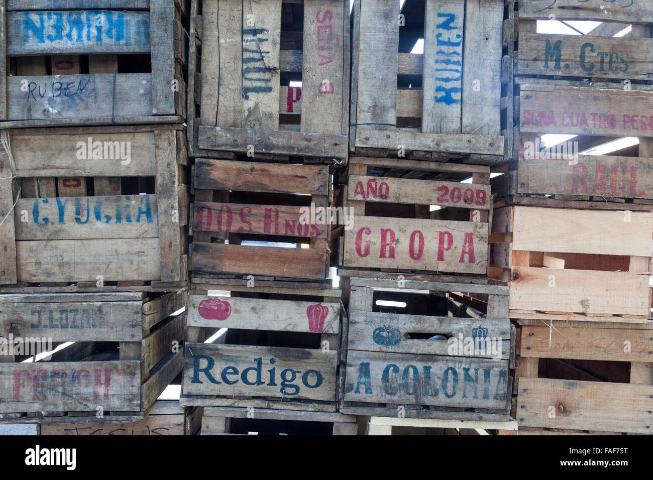 Wooden crates for produce at a market in Santiago, Chile Stock Photo ...