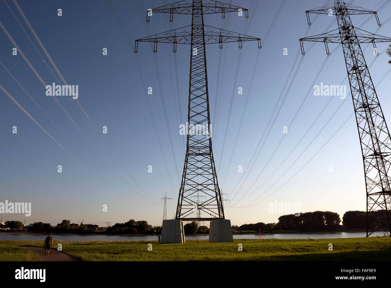 High-voltage electricity cables crossing the river Rhine, Rheindorf ...