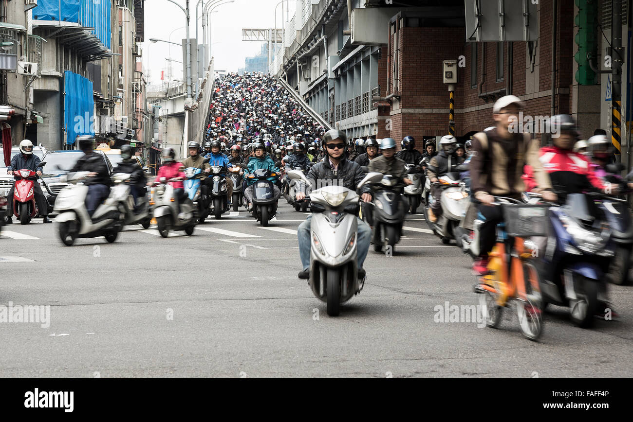 Taipei, Taiwan - December 2015 - Heavy rush hour scooter traffic on a ...