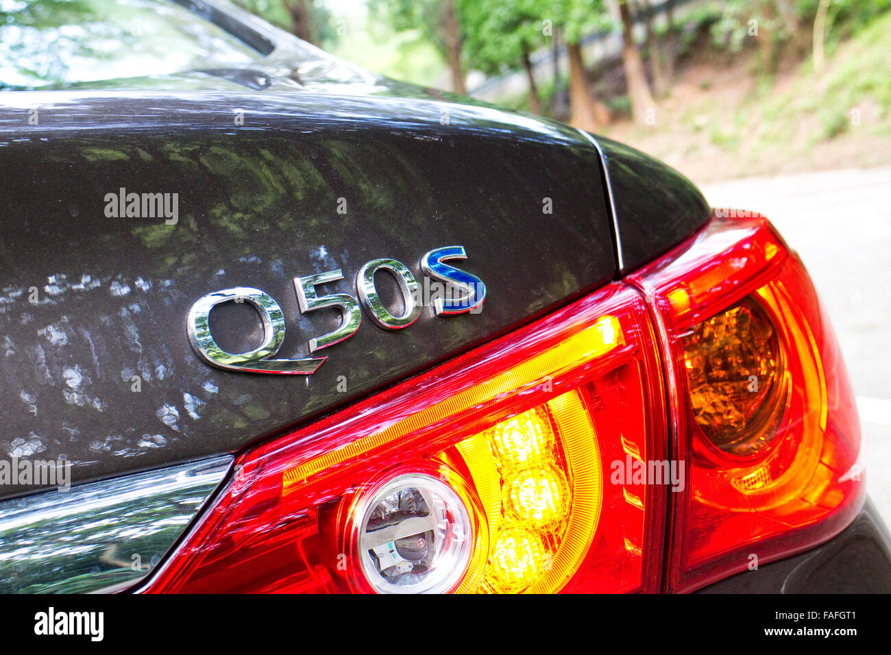 Hong Kong, China June 19, 2014 : Infiniti Q50S hybrid sedan logo on ...