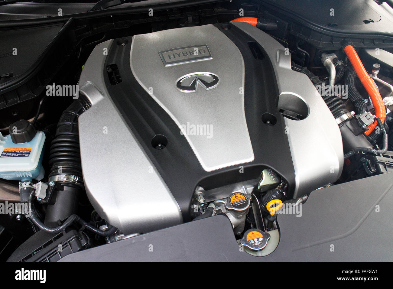 Hong Kong, China June 19, 2014 : Infiniti Q50S hybrid sedan engine on ...