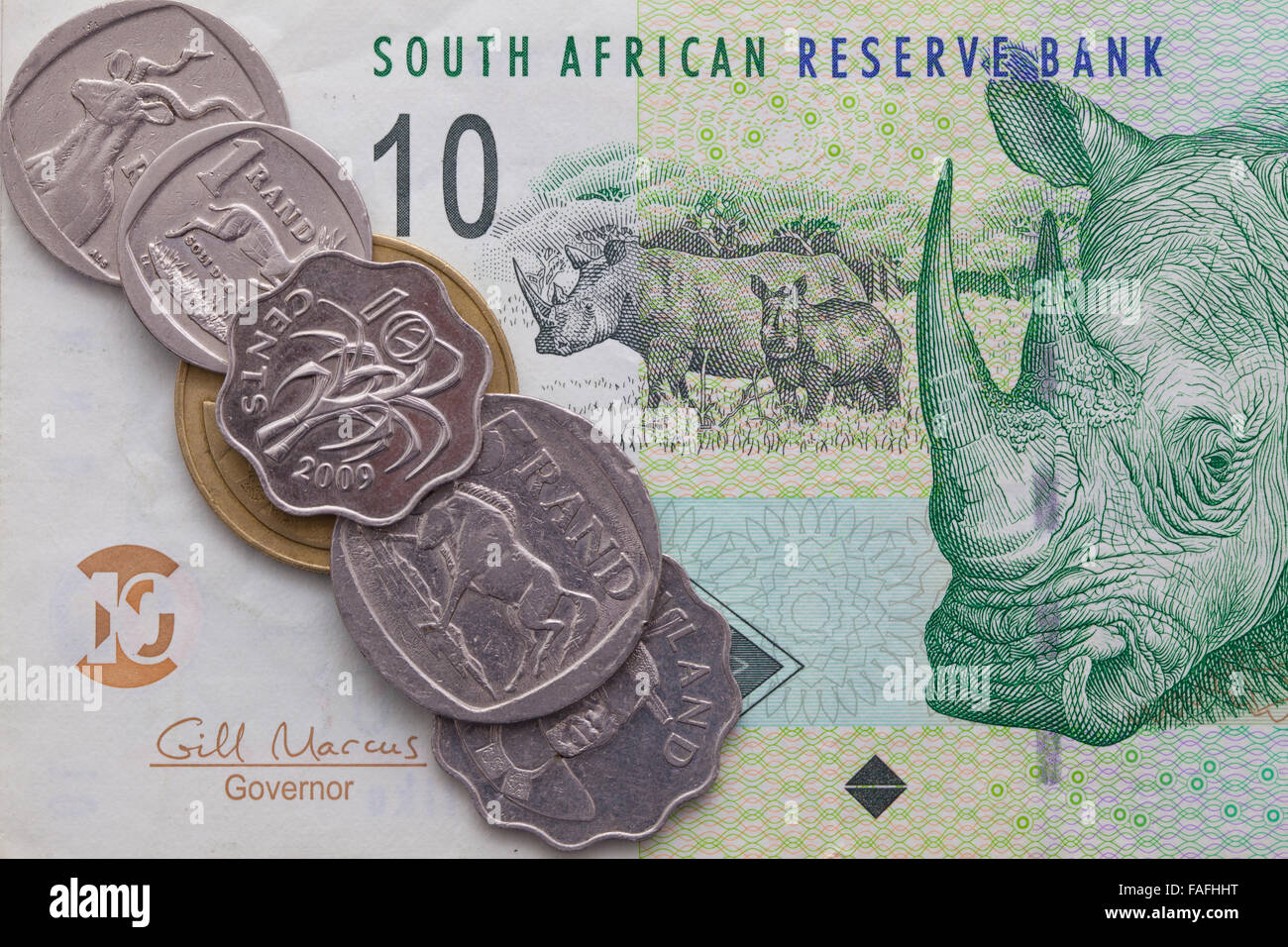 Different banknote and coins of Rand of South Africa Stock Photo - Alamy