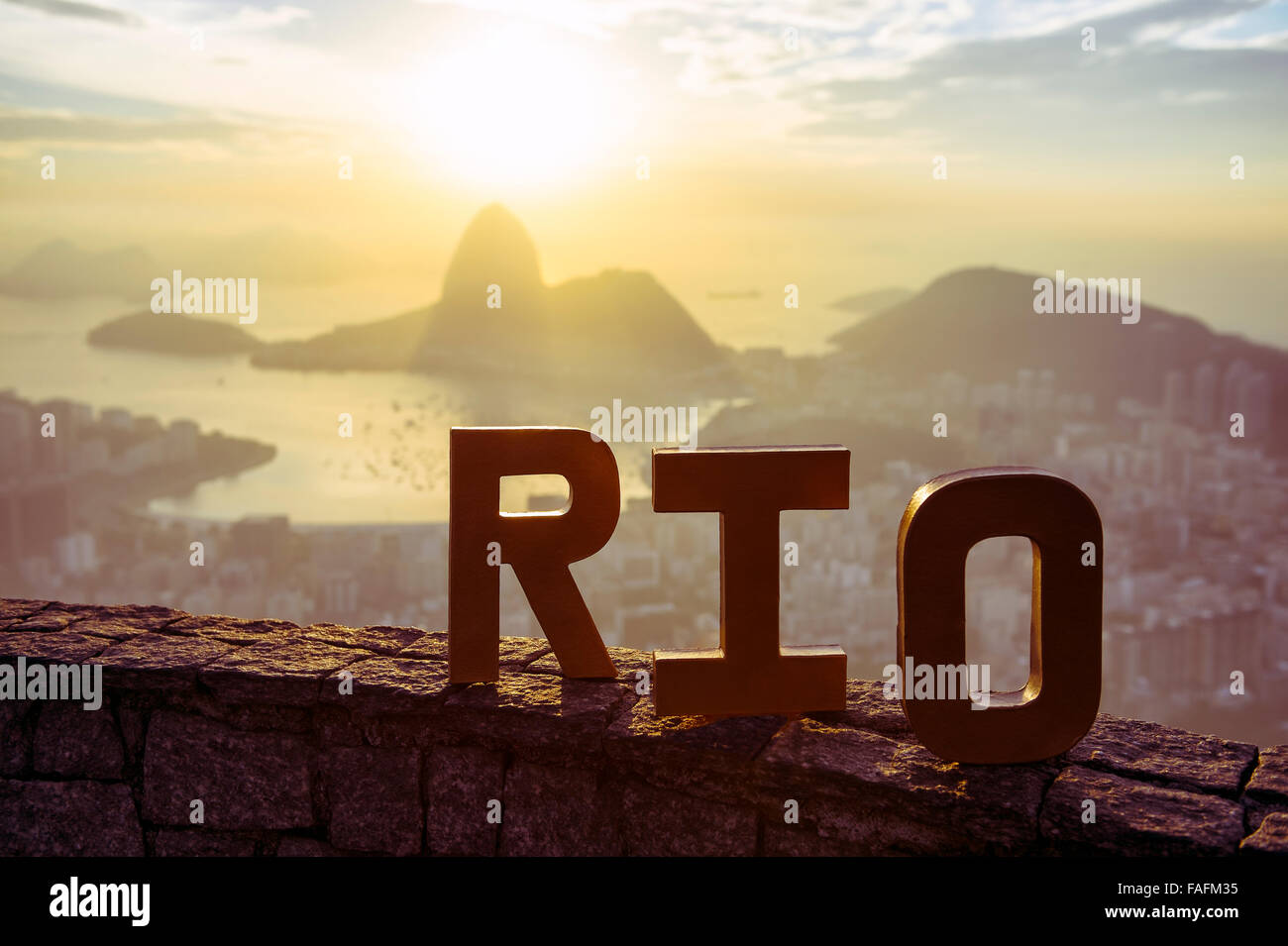 Golden RIO sign standing morning sunrise overlook view of Rio de ...