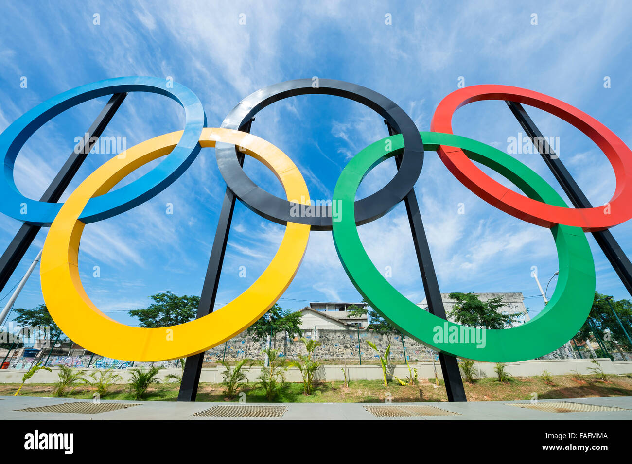 RIO DE JANEIRO, BRAZIL - OCTOBER 31, 2015: Olympic rings stand against ...