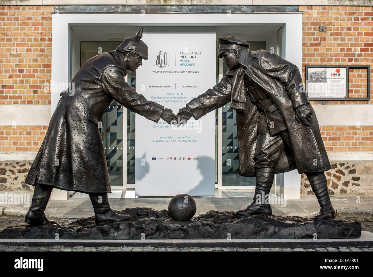 Statue representing British and German soldiers shaking hands during ...