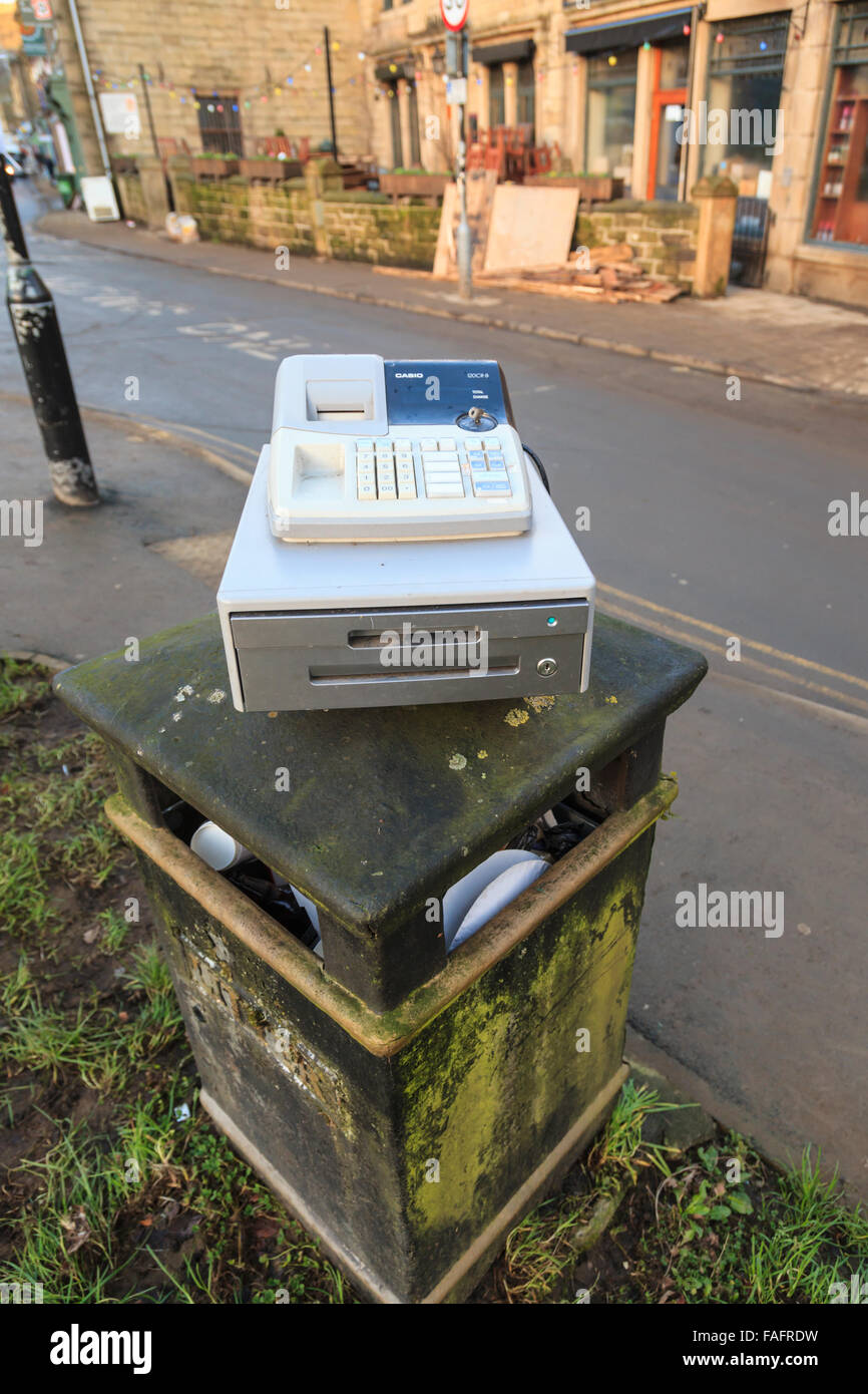 Hebden Bridge, UK. 29th Dec, 2015. A cash register destroyed in the ...