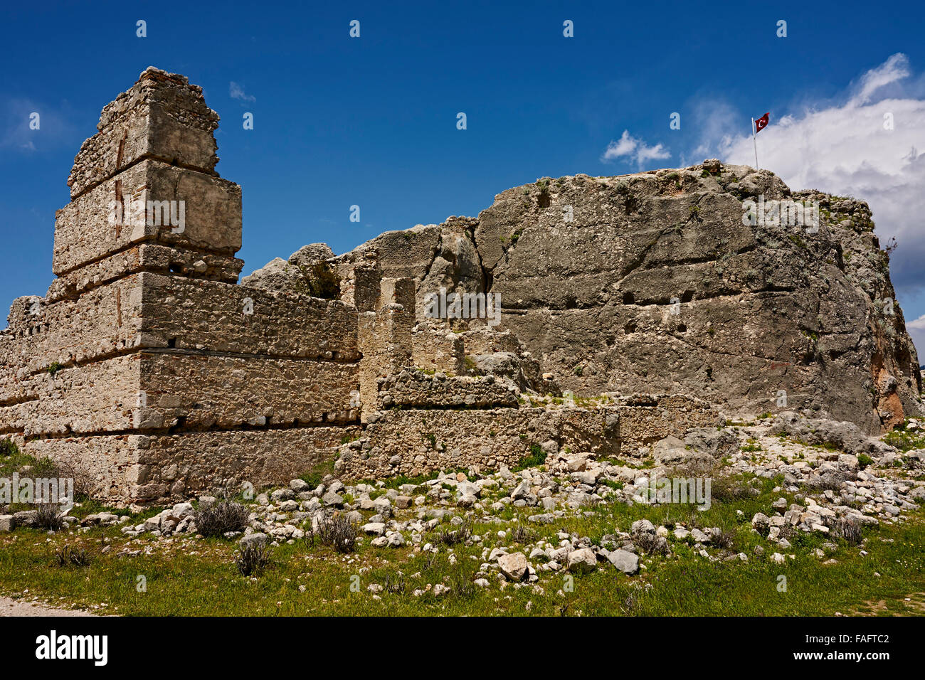 Close up view of ancient Helenistic ruins of acropolis, Tlos, Turkey ...