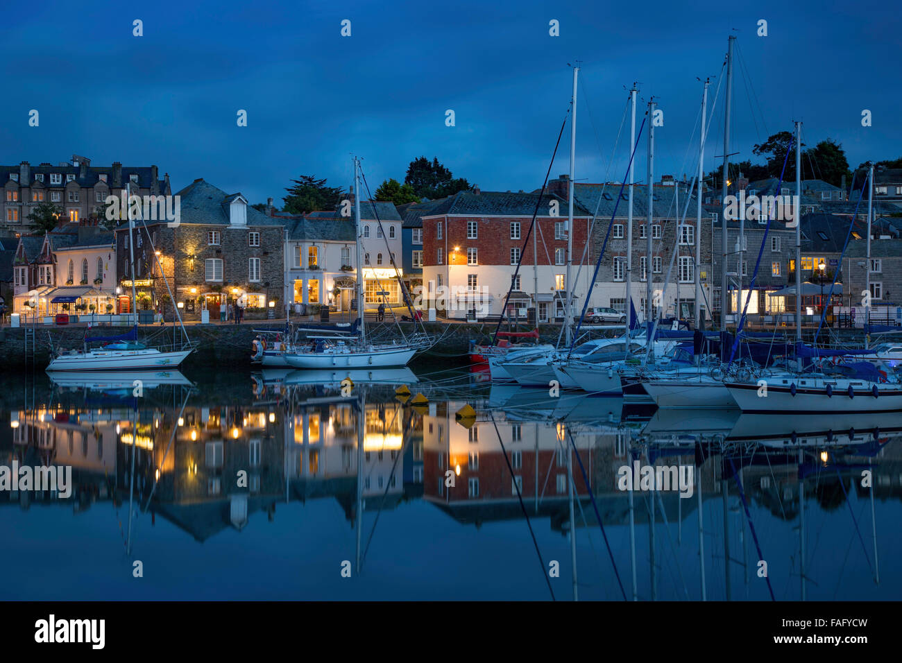 Twilight over harbor village of Padstow, Cornwall, England Stock Photo ...
