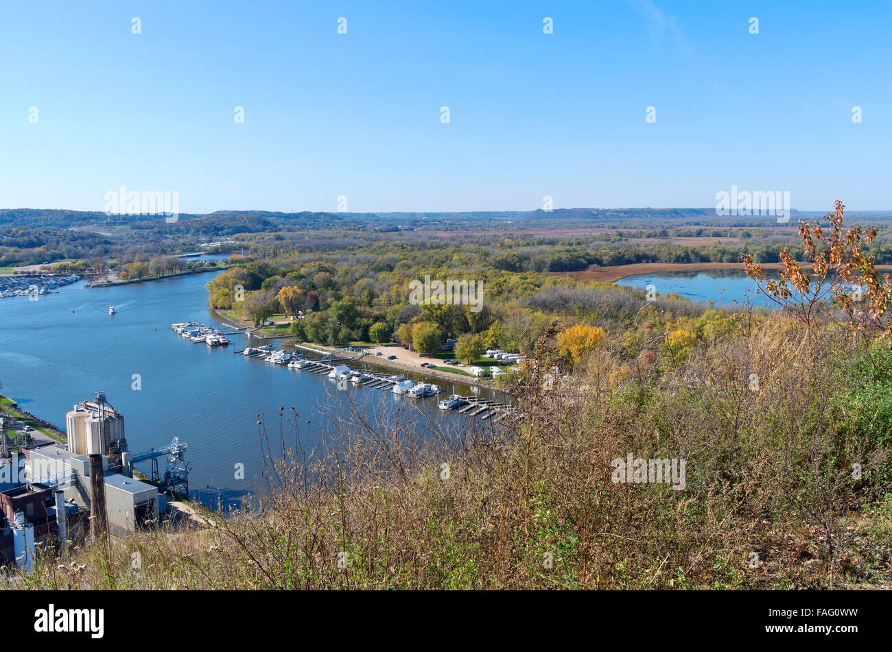 aerial view of mississippi river and marina in wisconsin from atop barn ...