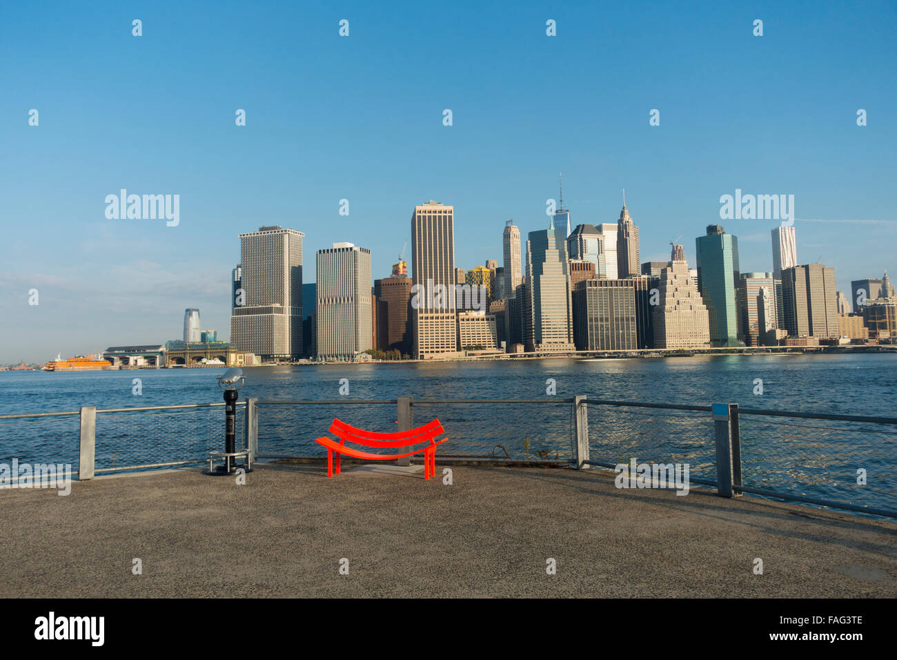 red bench artwork in Brooklyn bridge park NYC Stock Photo - Alamy
