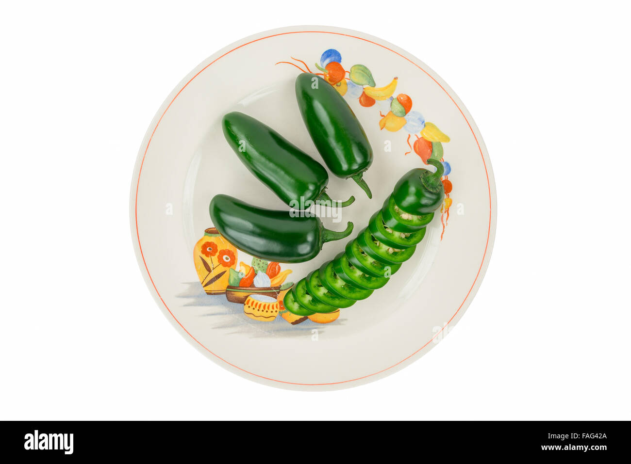 Four Green Jalapeno Peppers on a Colorful, Festive, Antique Fiesta ...