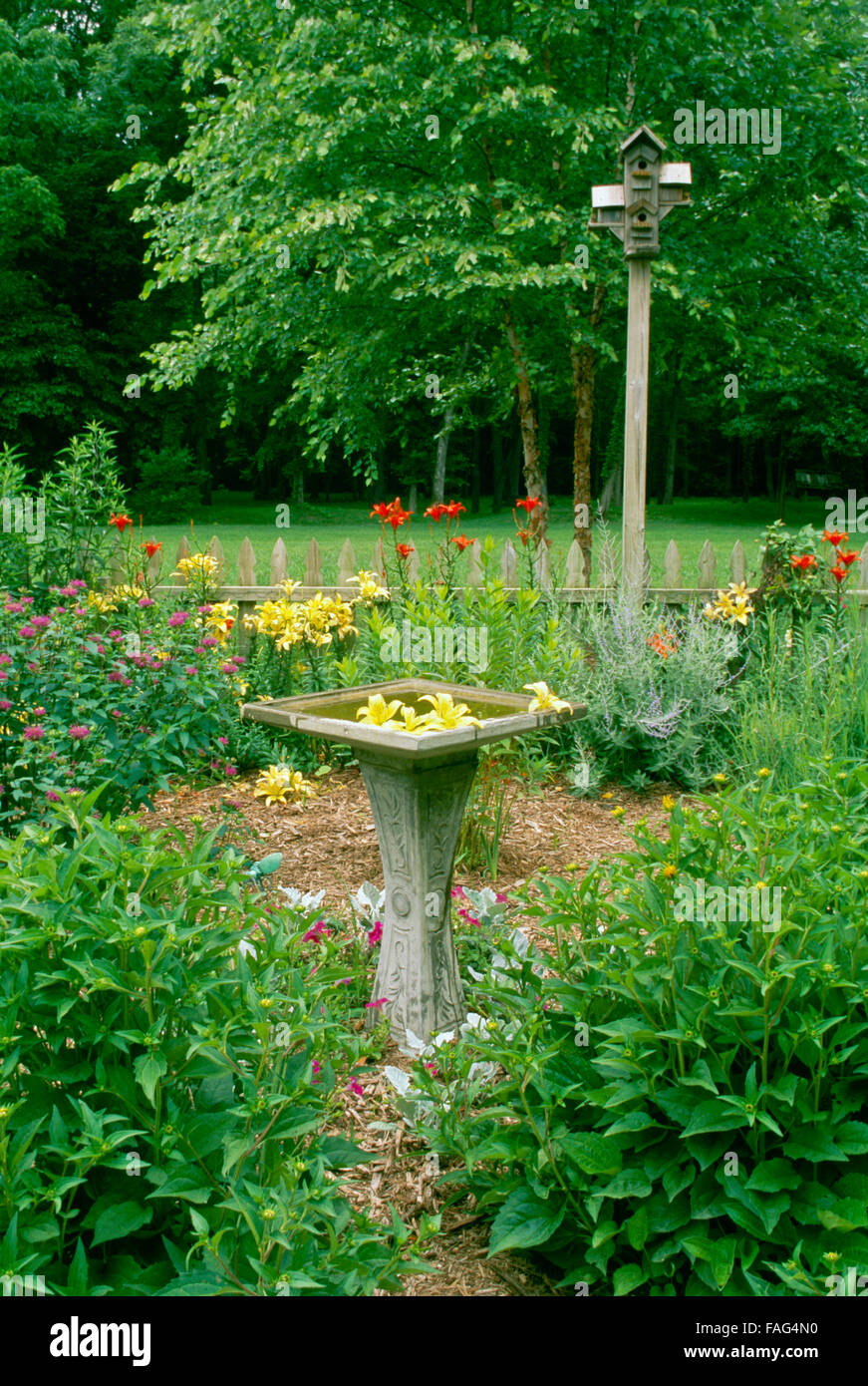 Fanciful bird garden with bird bath and lilies floating in water. Hand ...